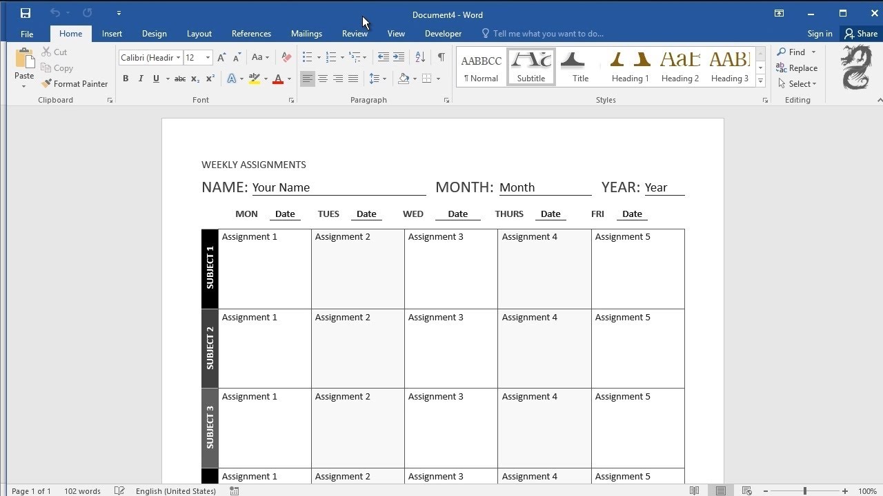 How do I create a weekly planner in Word?
